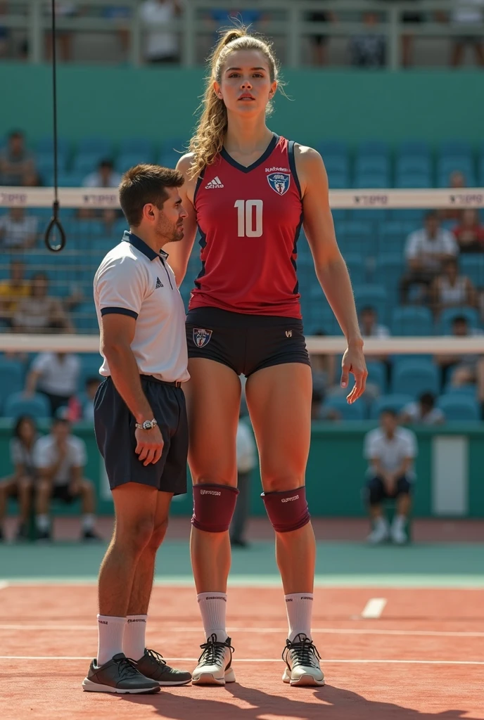 Create a stunning picture of a 220cm tall and giant female volleyballer ...