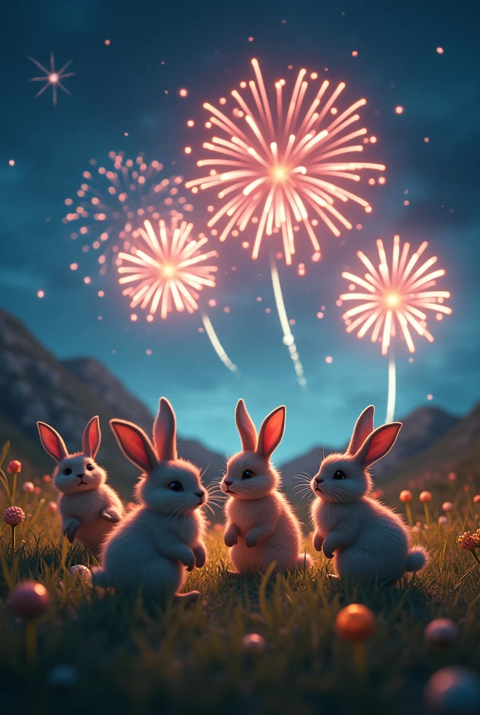 Make a short video with firework batteries and bunnies at night - SeaArt AI