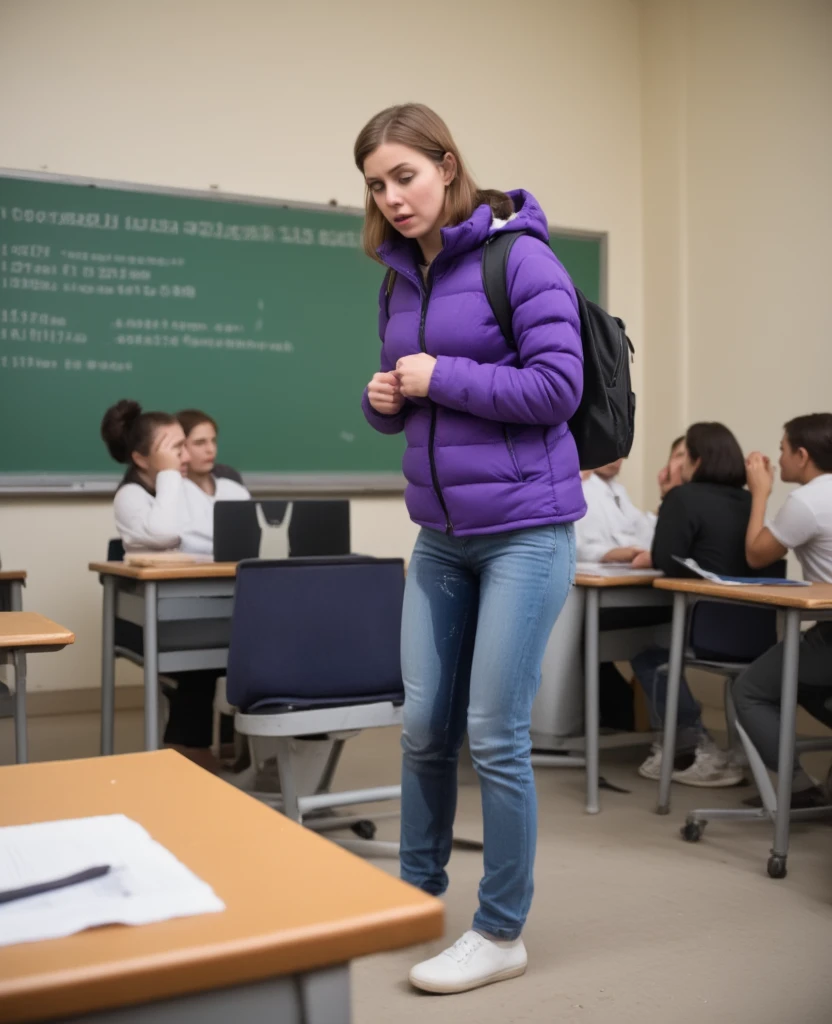 Russian woman peeing her jeans in the classroom. A glistening wet patch ...