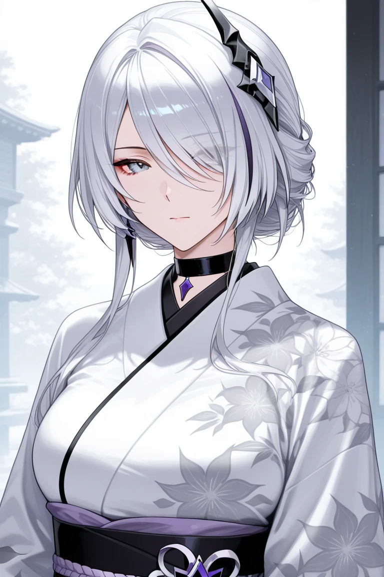 Acheron white hair and white kimono and gray eyes - SeaArt AI