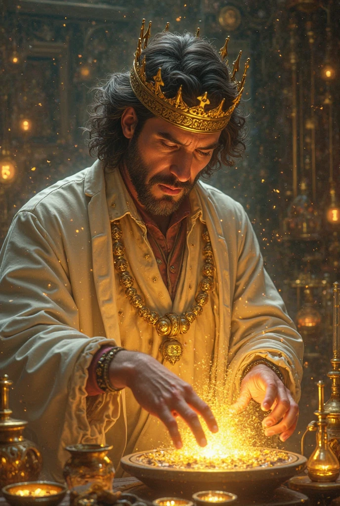 Scientist with gold crown and gold chain making gold - SeaArt AI