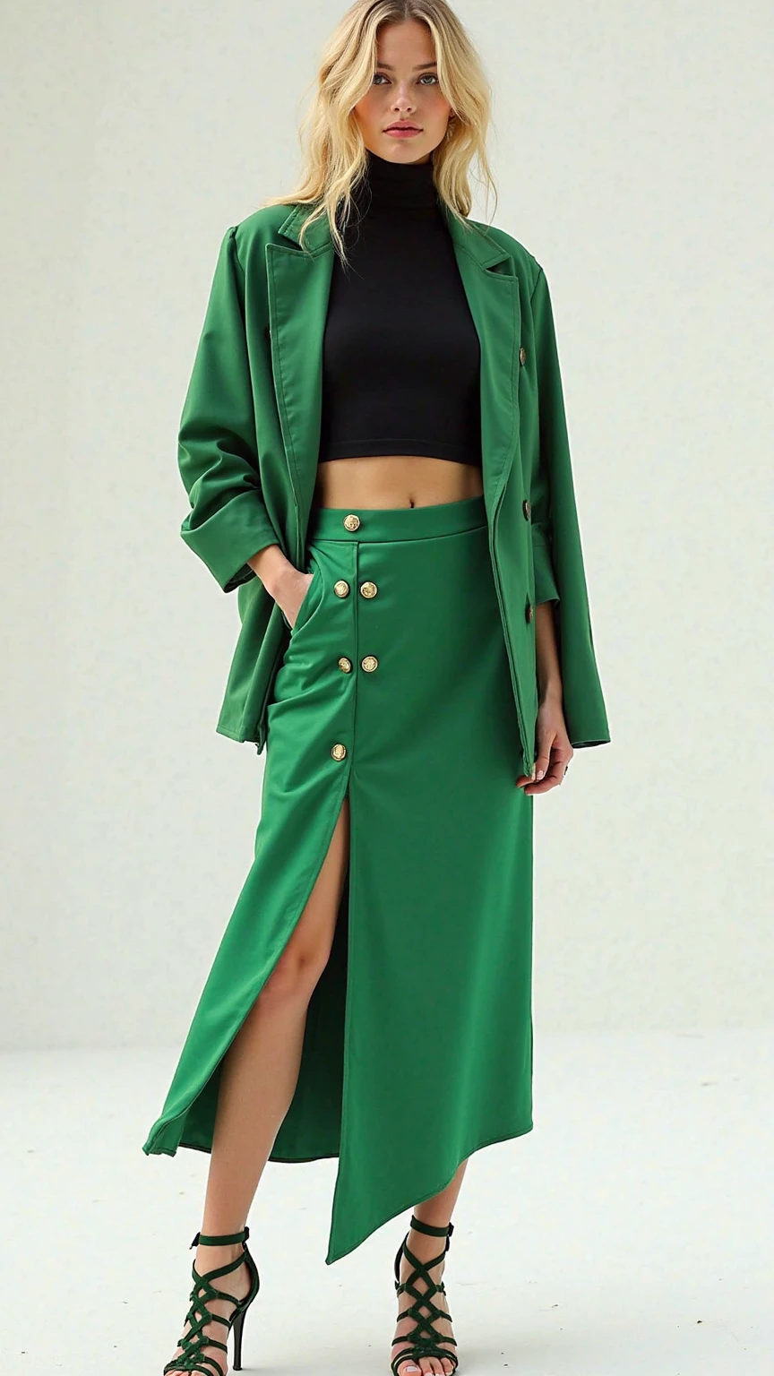 The image features a stunning green midi satin skirt with an ...