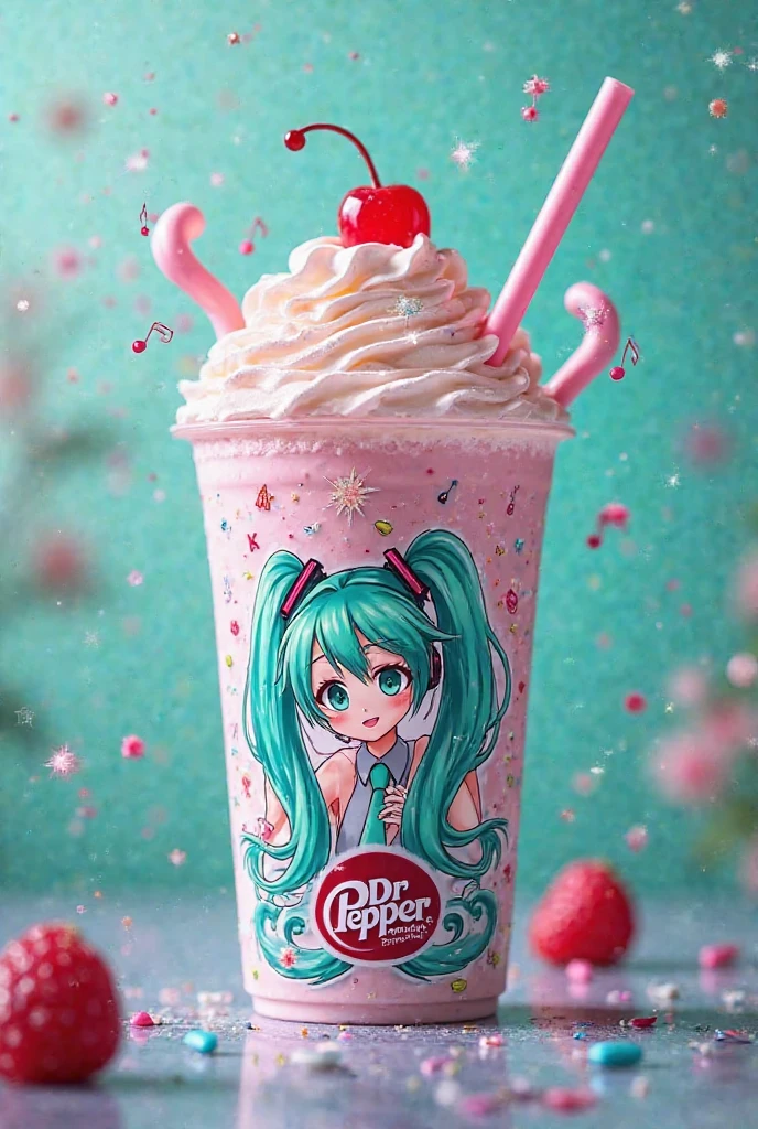 Create a Hatsune Miku dr.pepper drink the brand being: Miku's Milky ...