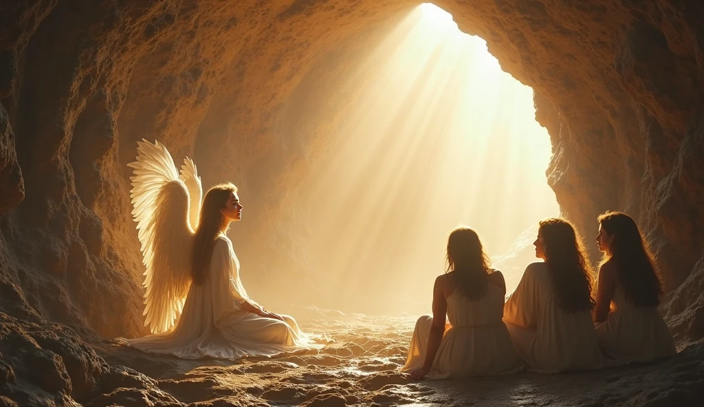 An angel sits near an empty cave, women in amazement, morning light ...