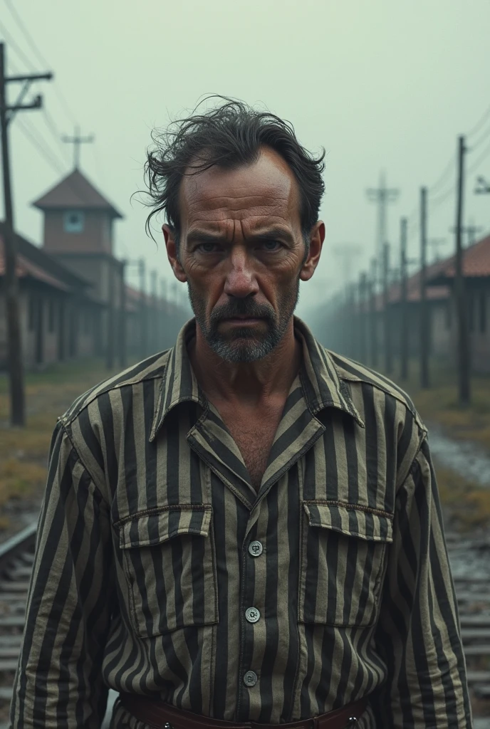 A Jew with a long nose and a concentration camp suit standing crying in ...