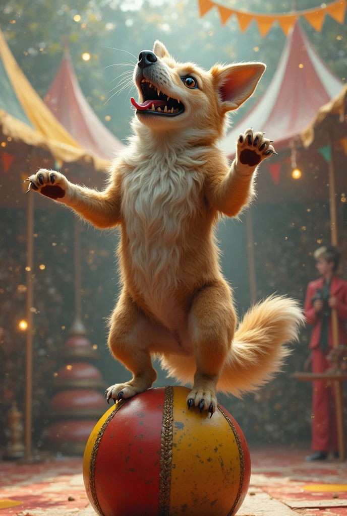 Create a dog with a paw, standing on a circus ball with open arms of a ...
