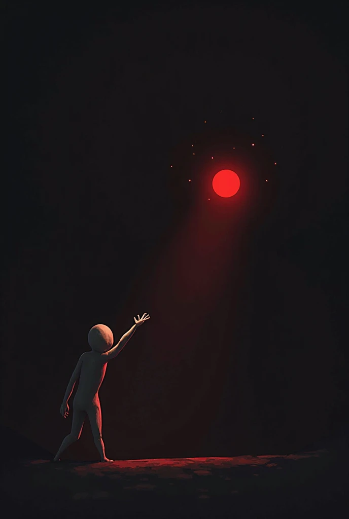"Faceless animated figure reaching toward a red light in darkness ...