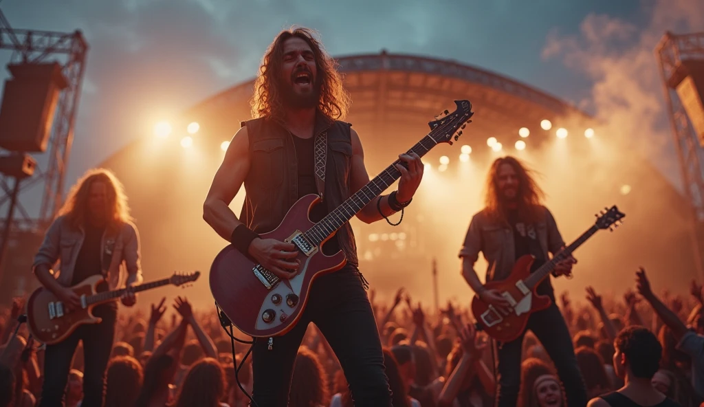 A photorealistic image of a rock band performing on an outdoor festival ...