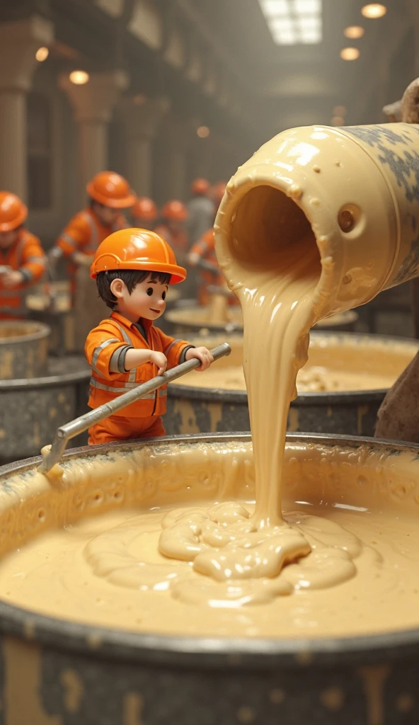 Mini workers mixing huge vats of cake batter with cement mixers and ...