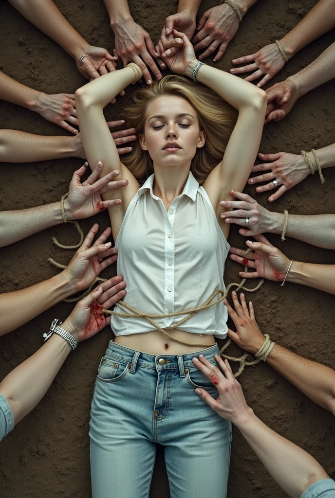 A Young Blonde Hair Girl Lies On The Ground Her Arms Stretched