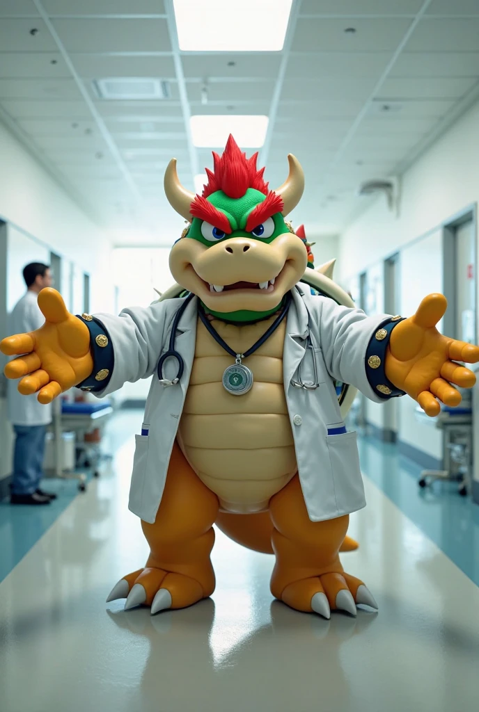 Bauser from the Mario game wearing doctor's clothing with open arms ...