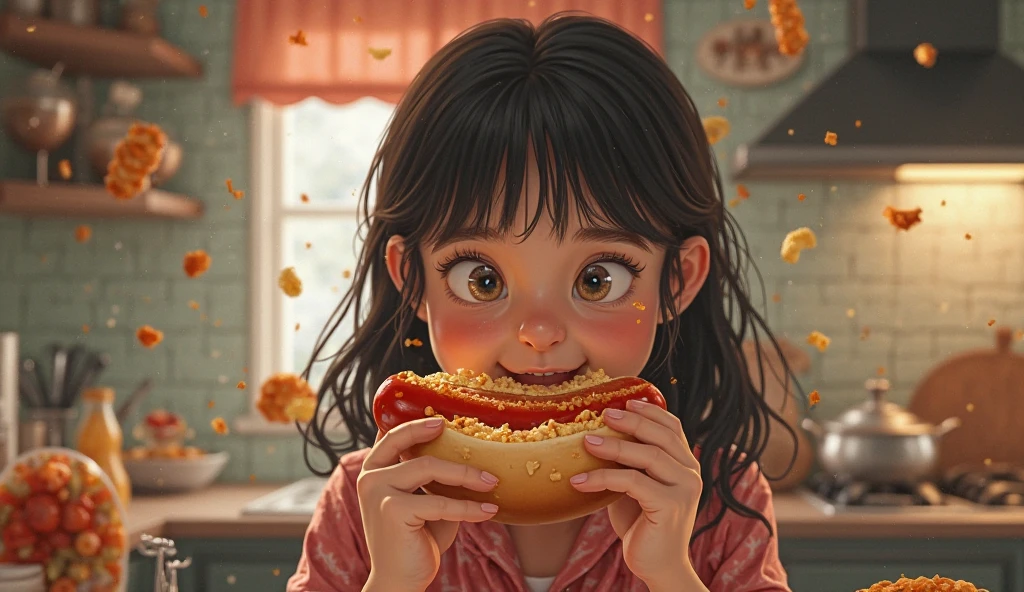 A semi-long haired girl voraciously eating a hot dog, facing forward ...