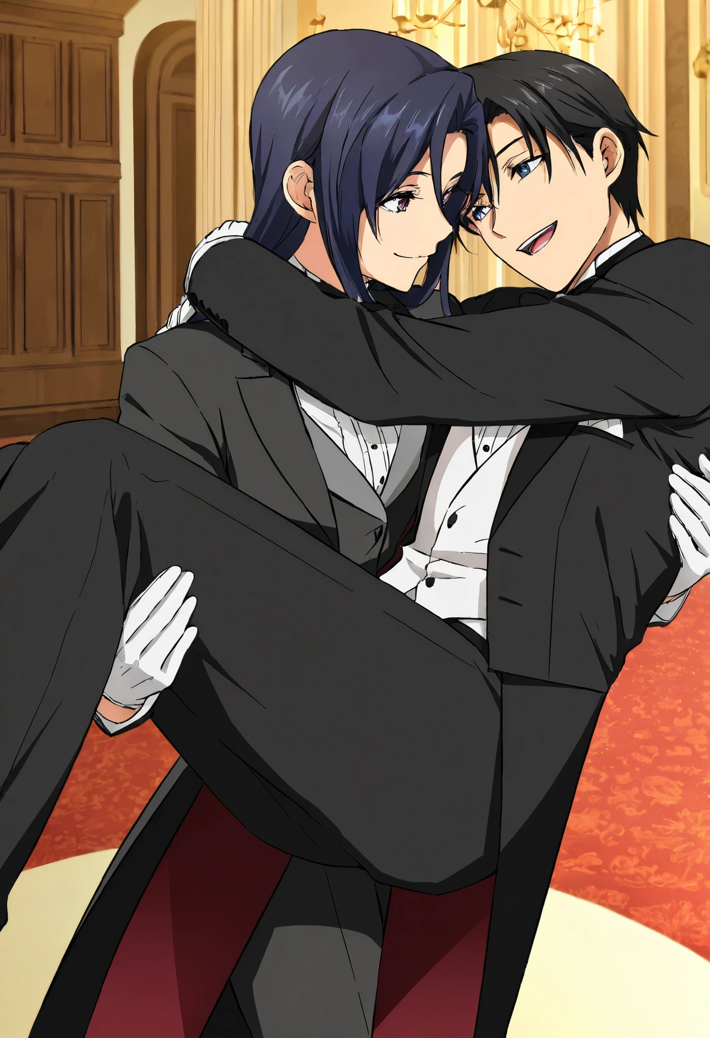 Anime coloring, tuxedo tailcoat, butler, pants ,, woman in a formal ...