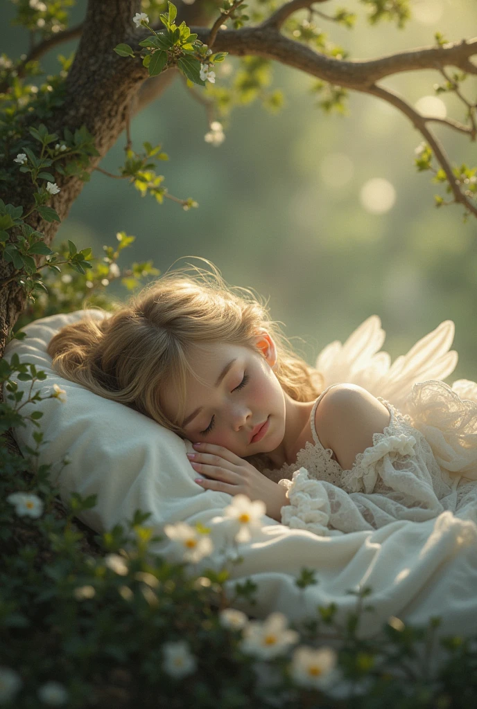 The angel is sleeping, he is very tired, He saved you all day - SeaArt AI