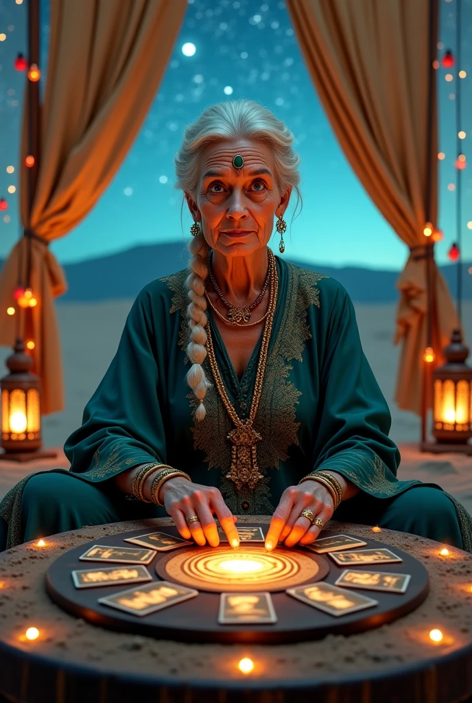 A hyper-realistic, cinematic 8K portrait of an elderly fortune teller ...