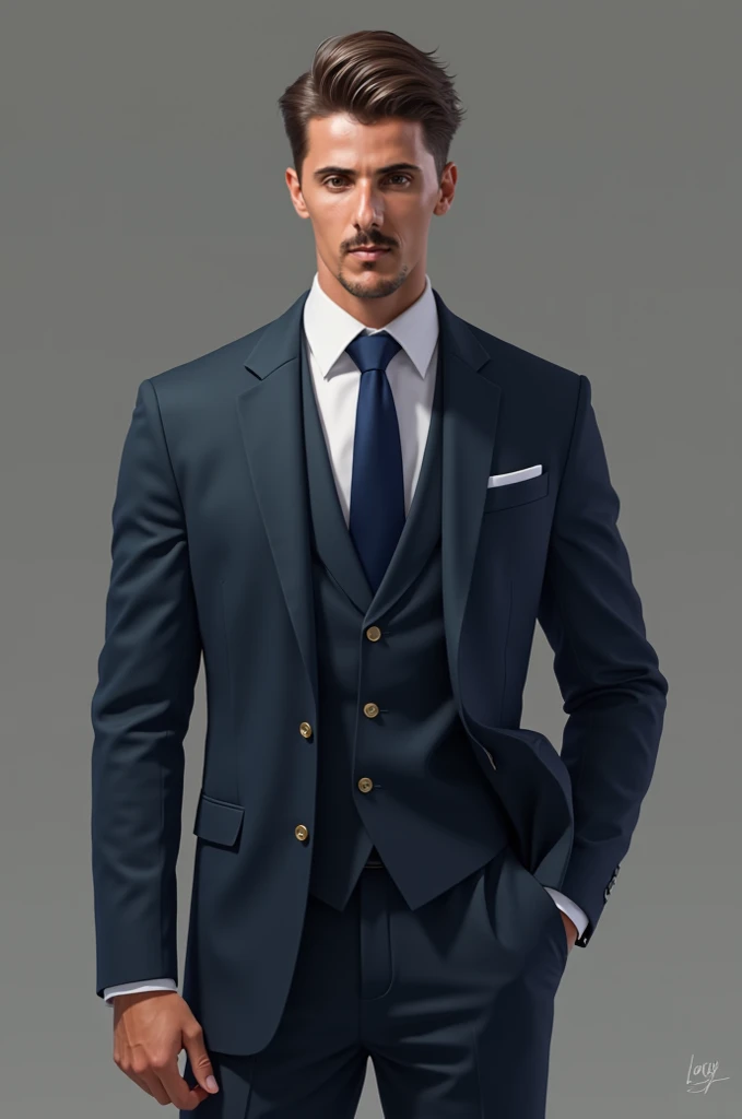 I wear an elegant formal suit, with a white shirt and a blue tie ...