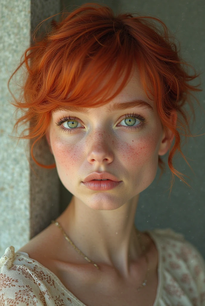 Create an image of a 25-year-old ager with short red hair and green ...