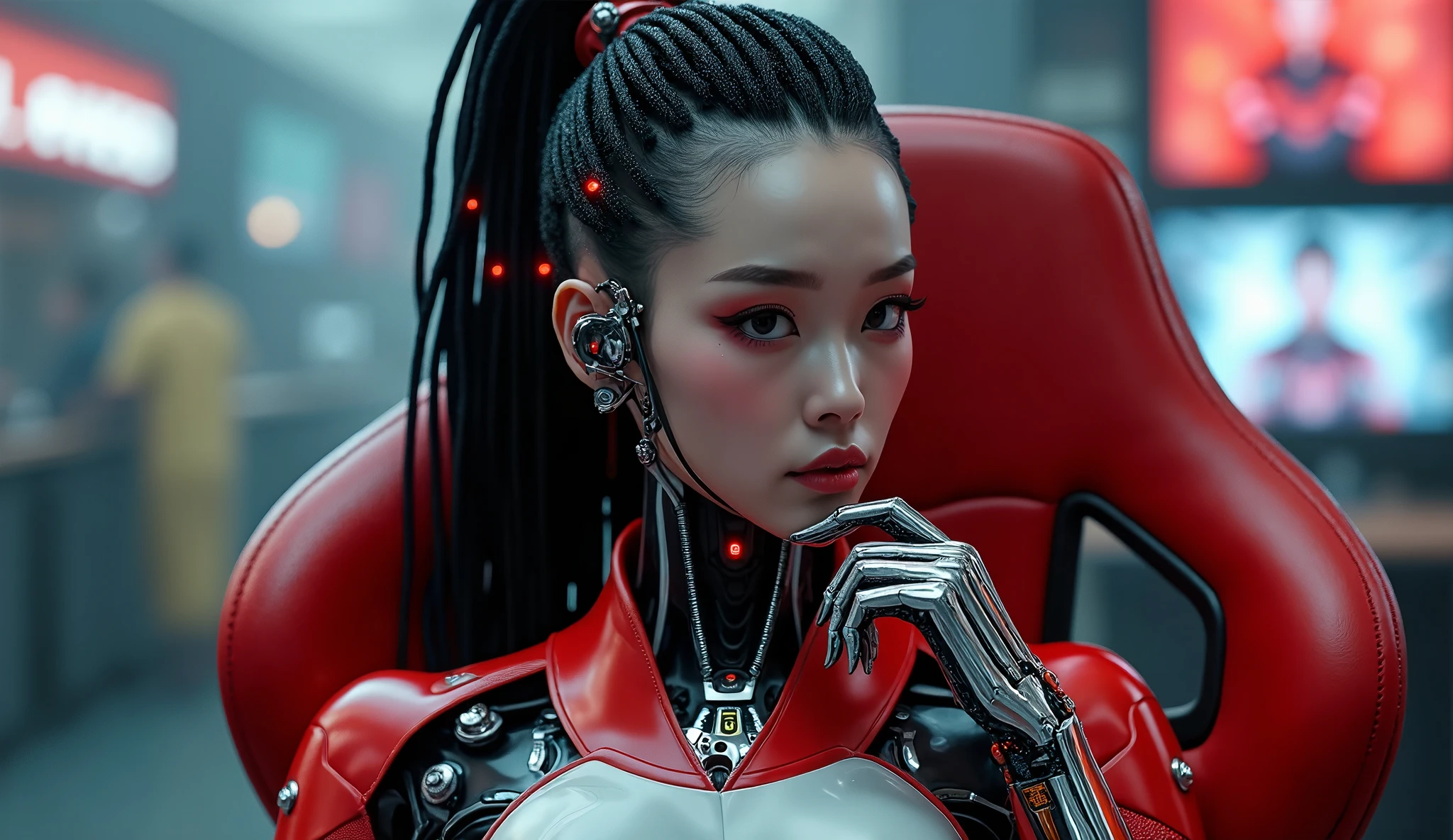 Cyberpunk asian female cyborg, slim body, small chest, half-metal face ...