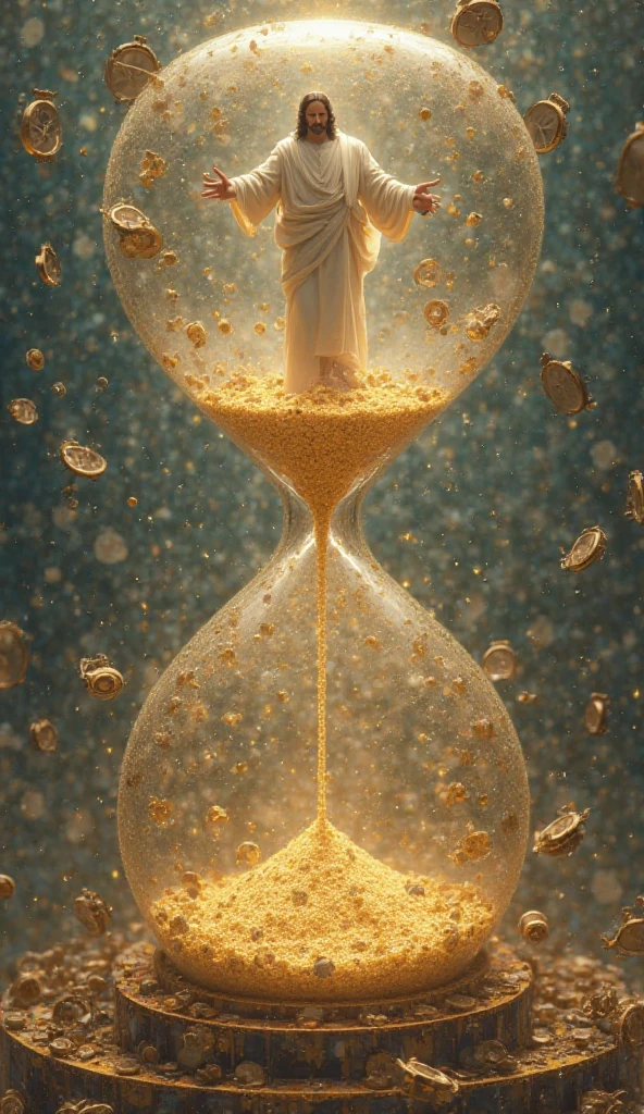 Jesus suspended within a giant hourglass of radiant light, time flowing ...