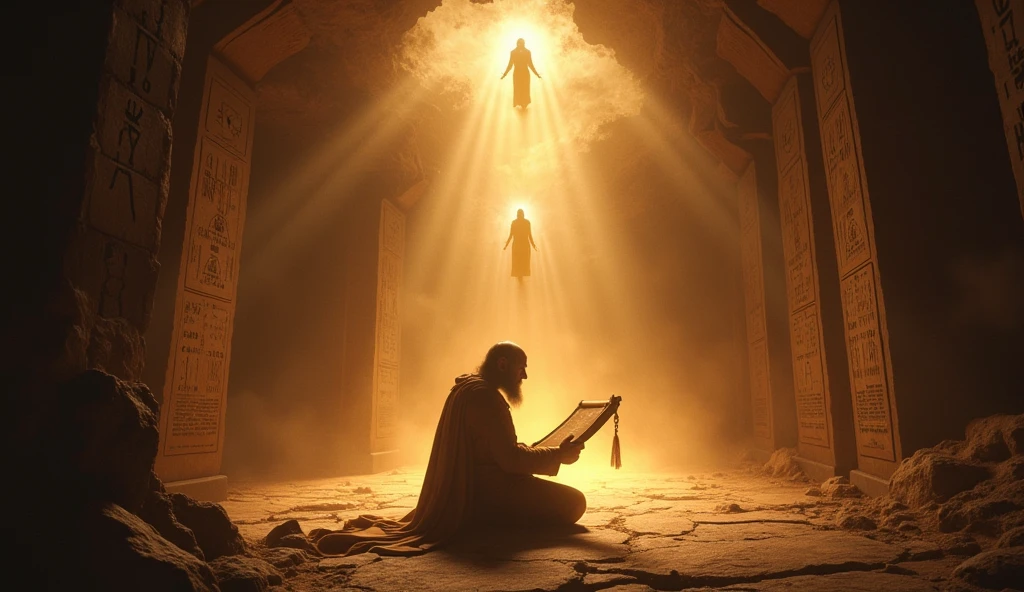 A mystical, cinematic scene showing Methuselah kneeling before a ...