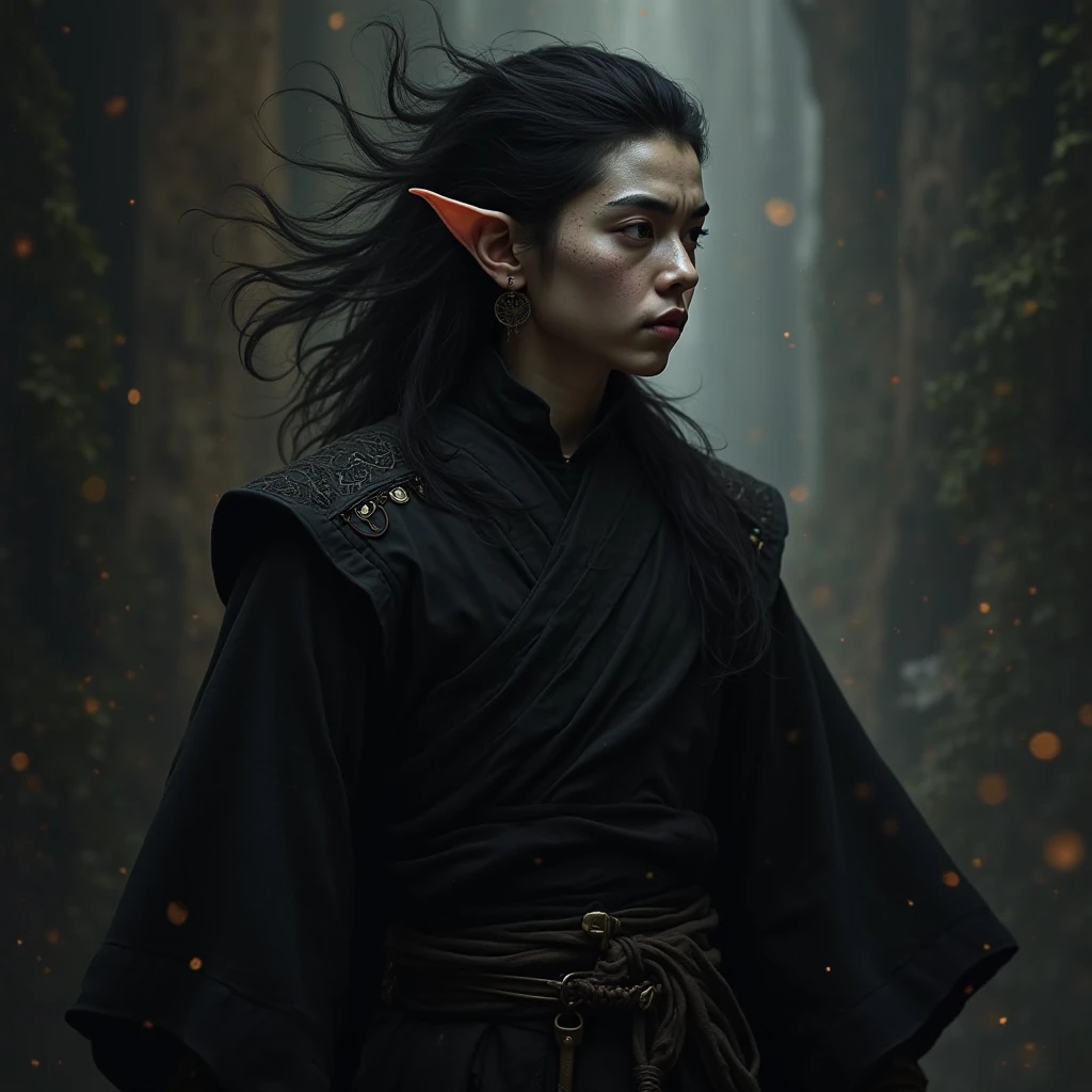 A young elf monk, gray skin , Fluttering black hair, wearing a black ...
