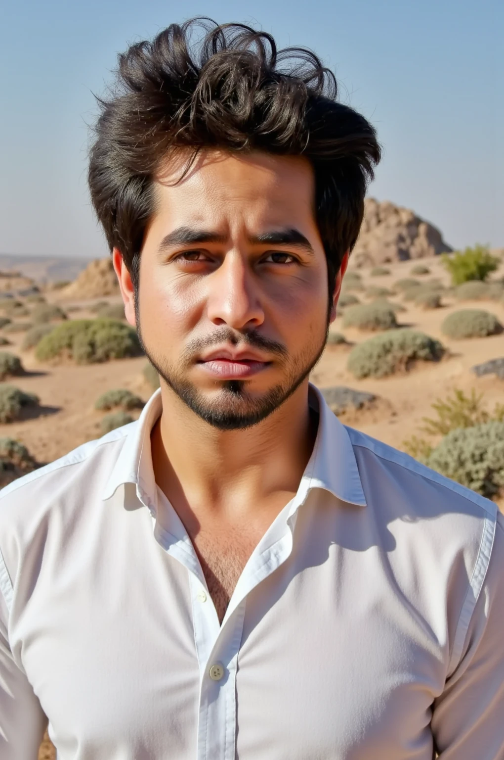 Young man in formal white shirt, portrait in the foreground, serious ...