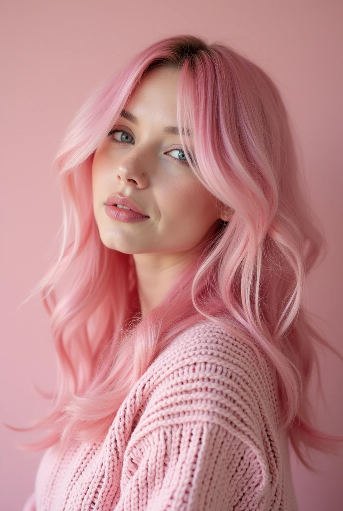A woman with pink hair and a pink sweater posing for a picture - SeaArt AI