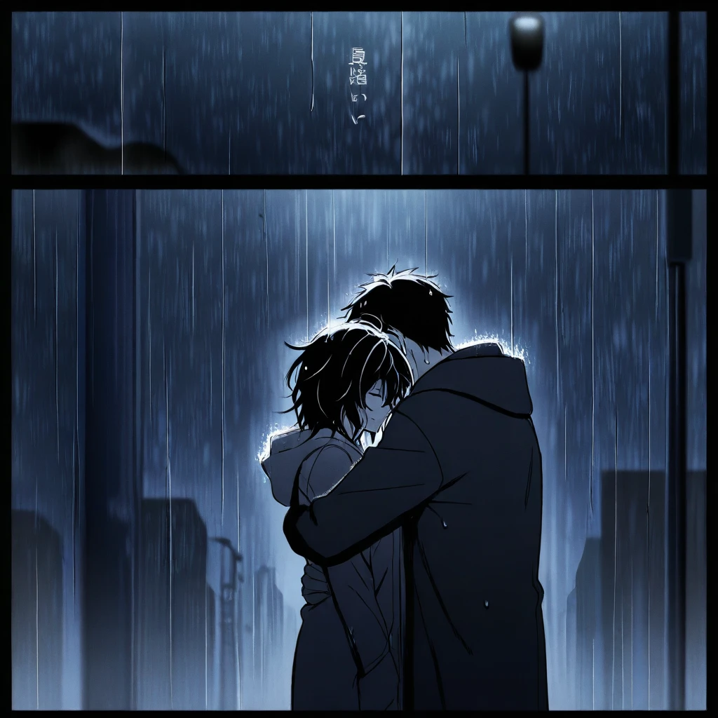 A dramatic, scene of a couple standing under heavy rain at night ...