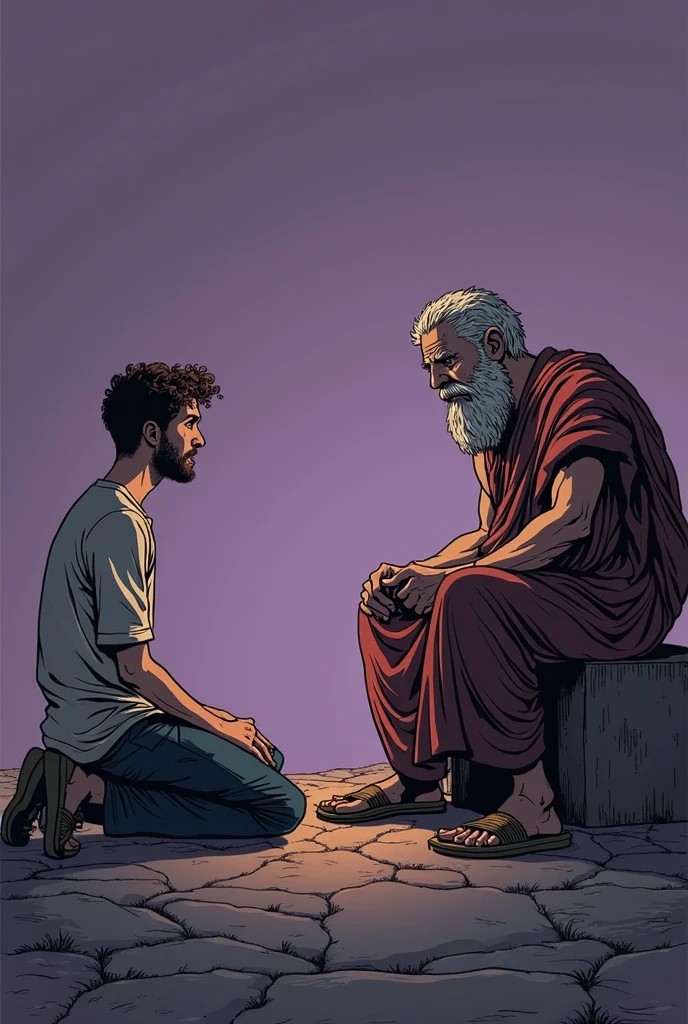 A comic-style scene showing a powerful interaction: a modern man ...