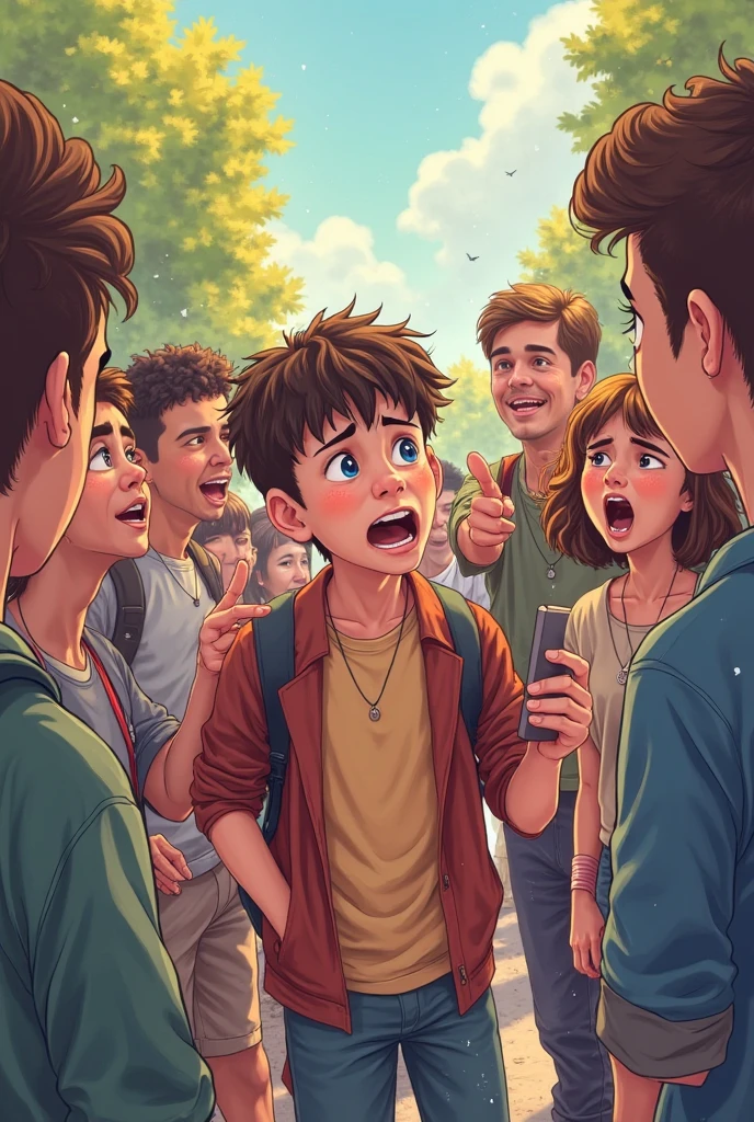 Create an image of people laughing at a young because he lost his cell ...