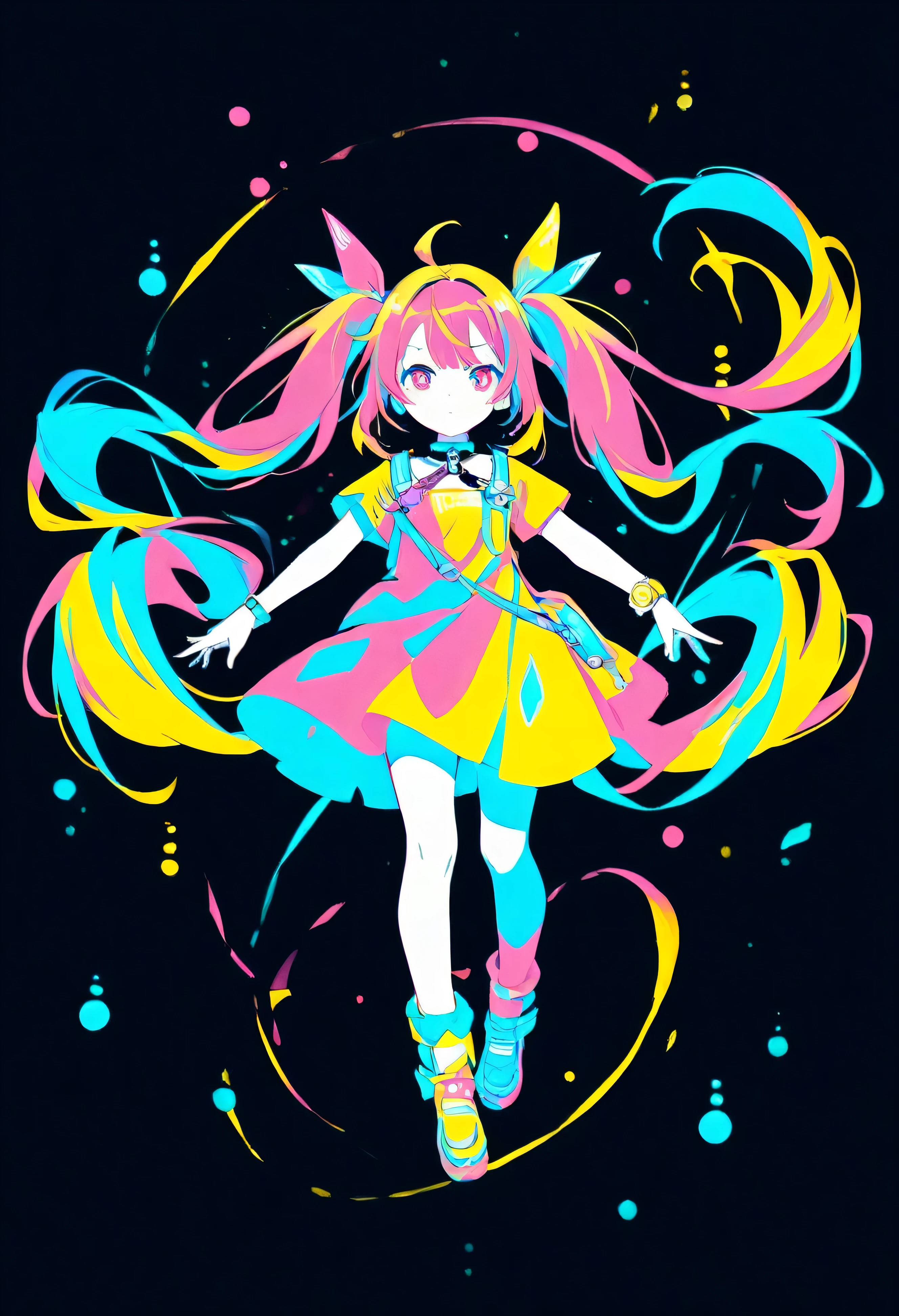 Girl with twin tails、,Limited Palette,black background,colorful - SeaArt AI