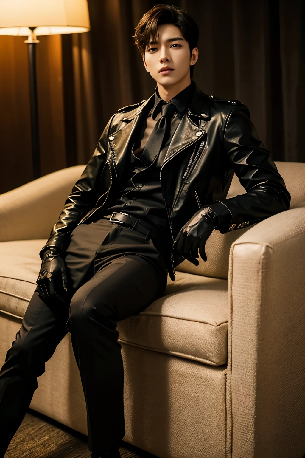 A slim muscular, Full body shot of a handsome K-pop male idol in ...