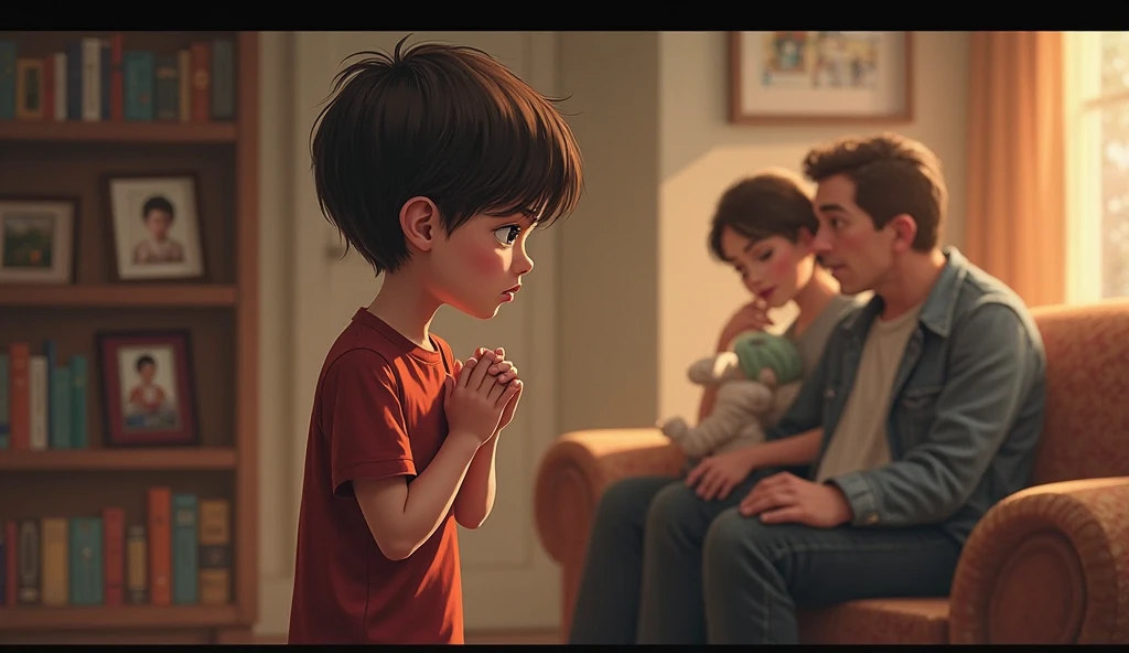 A boy who is apologizing to his parents for his actions. - SeaArt AI