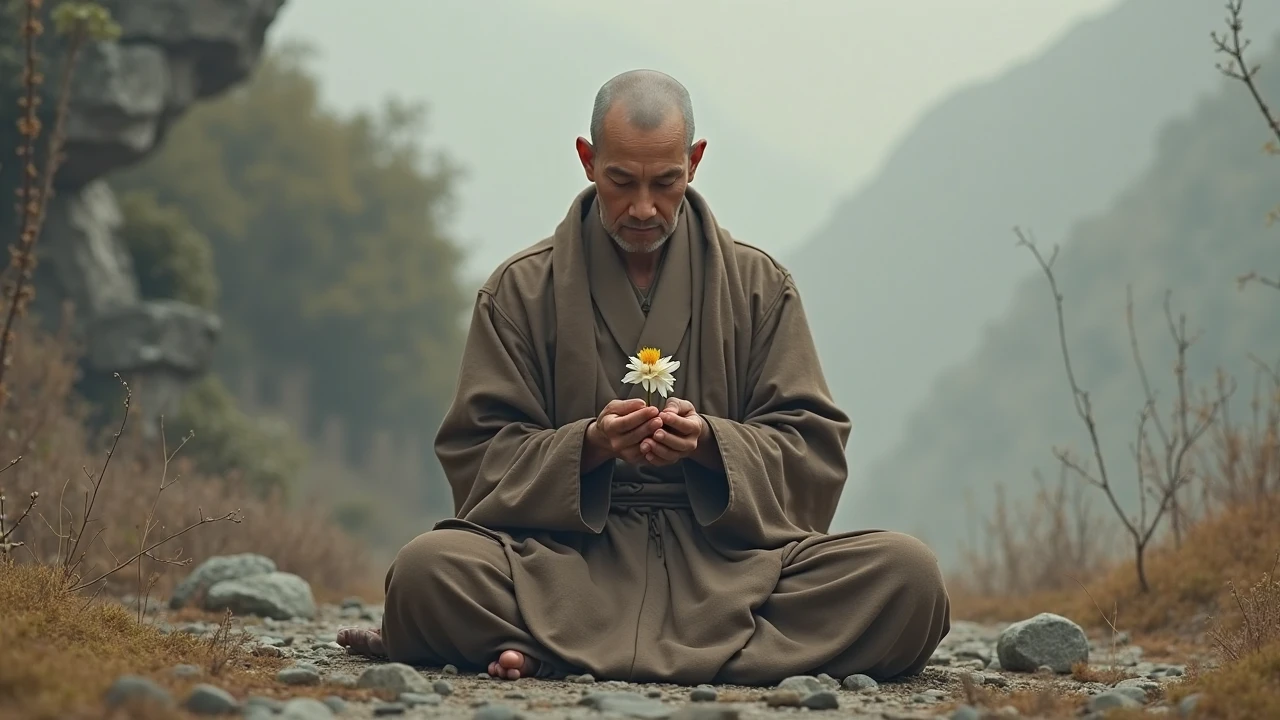 Description 2: A calm scene of the monk observing a simple object ...