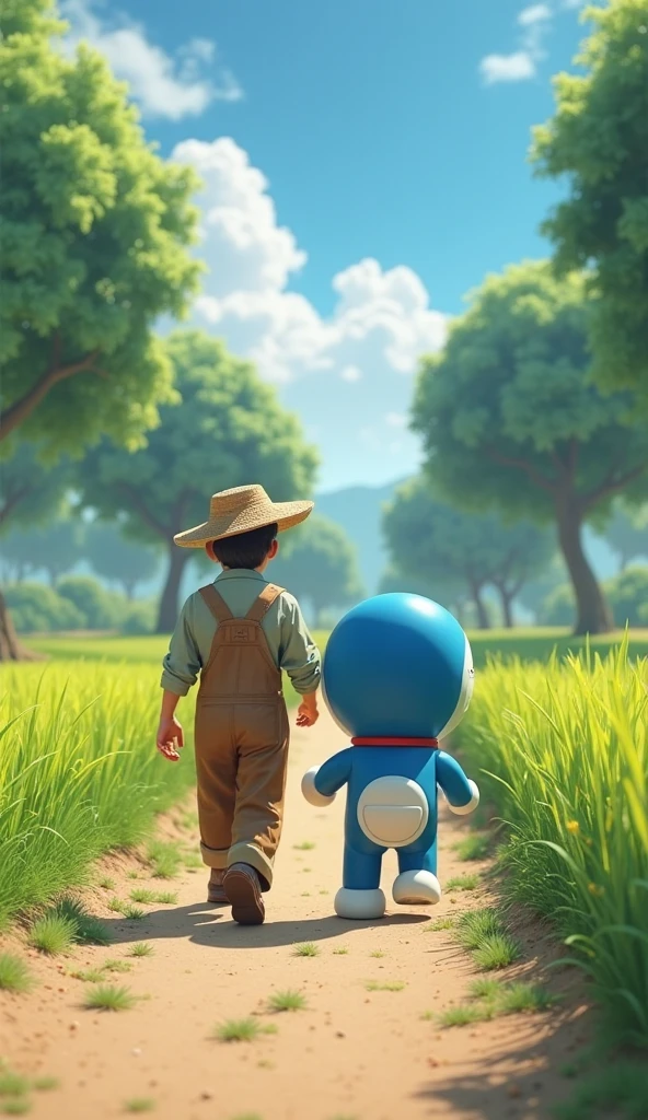 Doraemon and the 30-year-old farmer walk on the road, beside them are ...