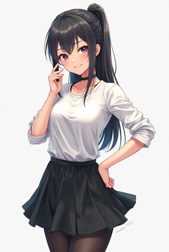 An anime image of a good-bodied young girl with black hair tied up in a ...