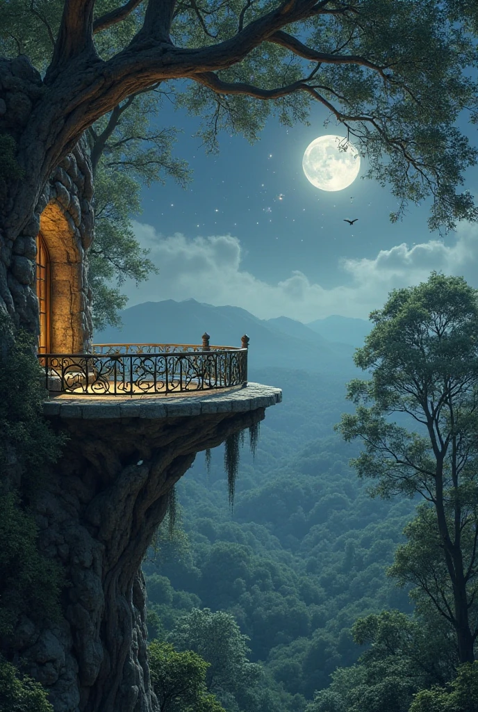 An elven observation balcony high above Mirkwood, open to the night sky ...