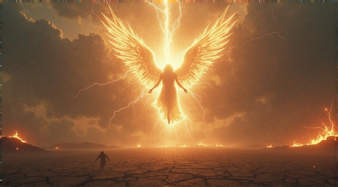 The earth shakes violently as a holy figure, with wings of pure light ...