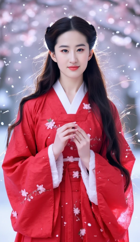 A beautiful young Asian woman wearing a traditional red hanfu with ...