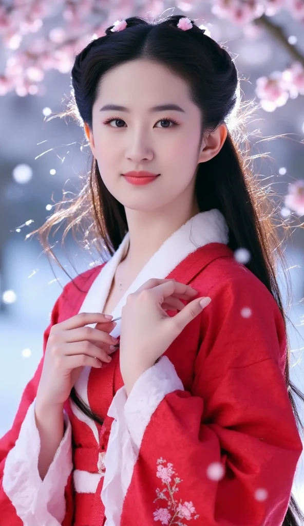A beautiful young Asian woman wearing a traditional red hanfu with ...