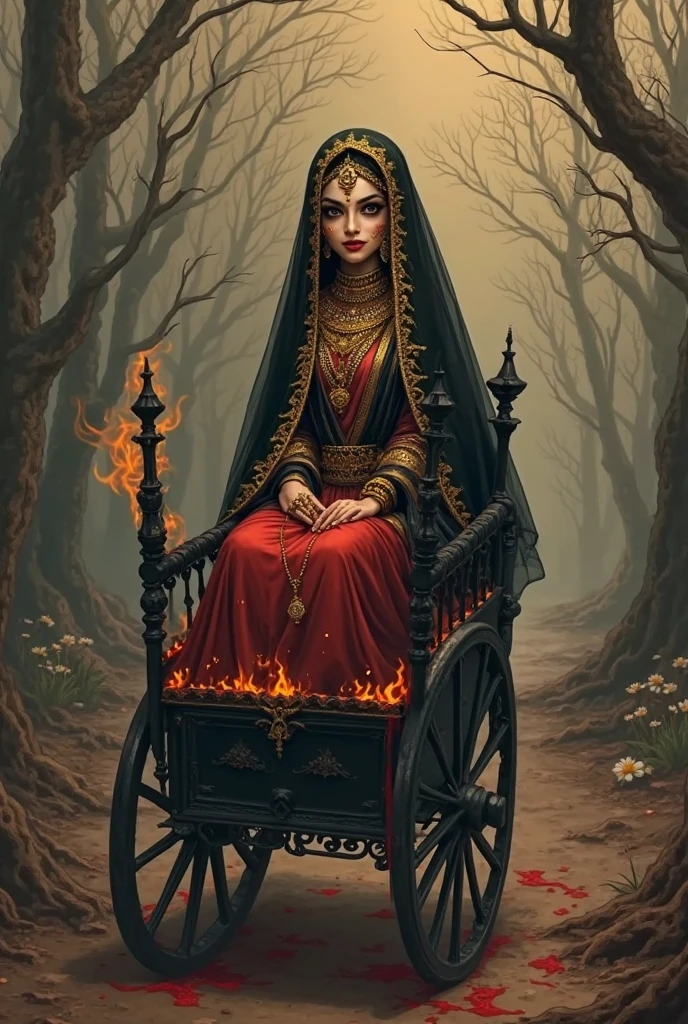 Prompt: "Anime-style ghost bride in a scorched black palki - SeaArt AI