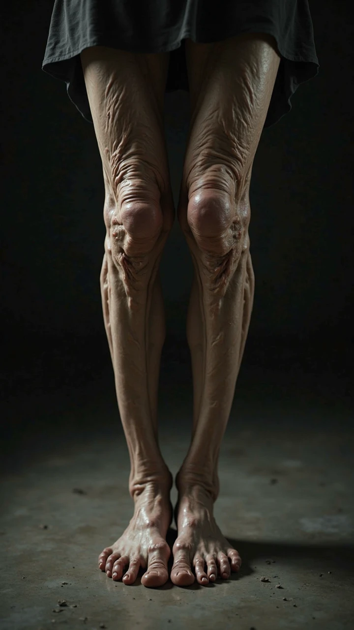 A hyper-realistic close-up of extremely frail elderly legs, shown from ...