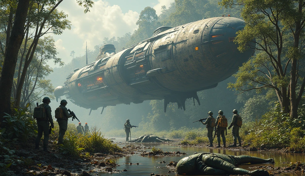 A mile-long alien cruiser has torn through the jungle canopy - SeaArt AI