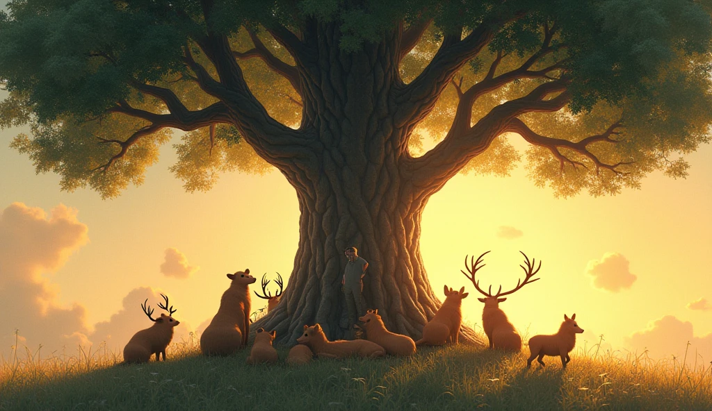 A majestic Orion, back on the oak tree, surrounded by happy animals ...