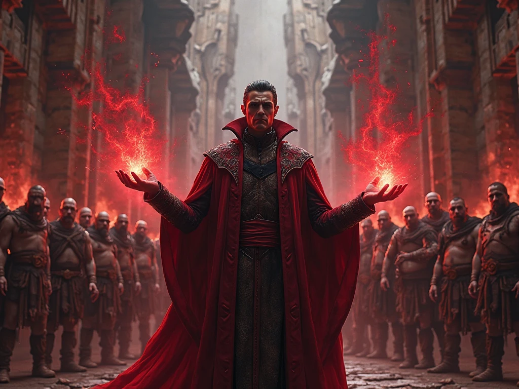 "A powerful, vampire-like man wearing a red and black noble coat stands ...