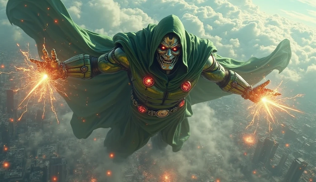 Doctor doom flying on the sky destroying the world - SeaArt AI