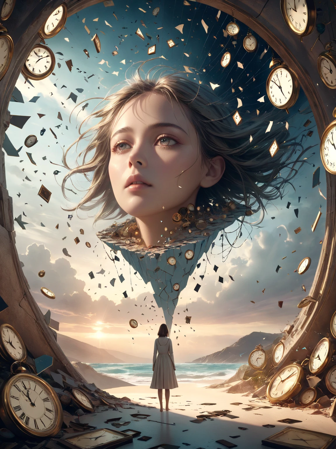 A surreal dreamscape with broken clocks floating in the air, a person ...