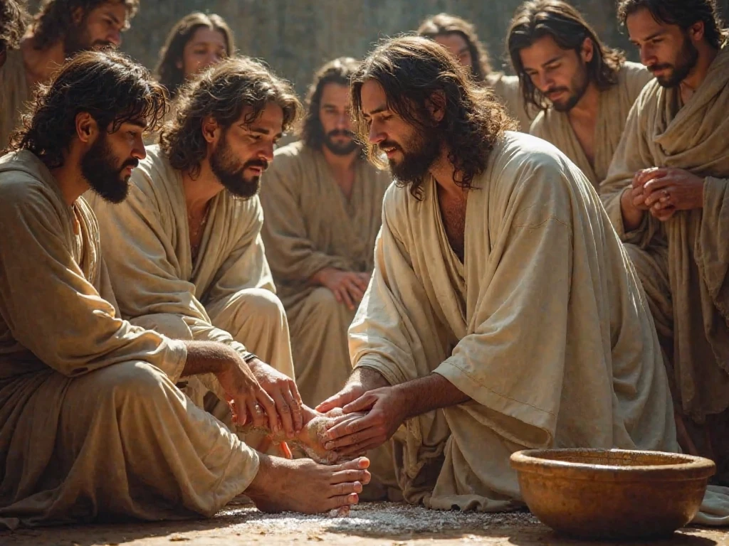 Jesus dressed in a white tunic, he dries one of his disciples - SeaArt AI