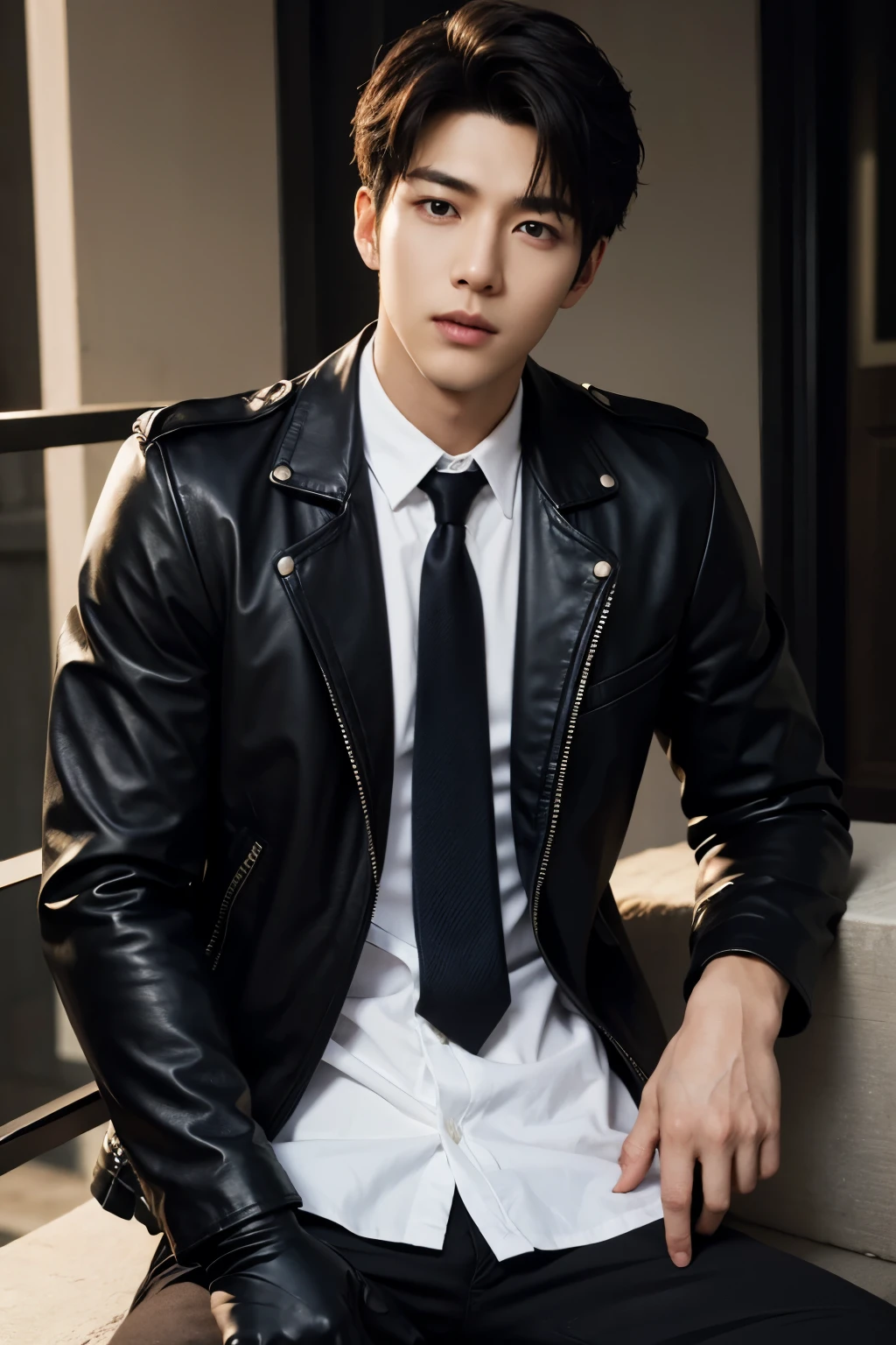 A slim muscular, Full body shot of a handsome K-pop male idol in ...