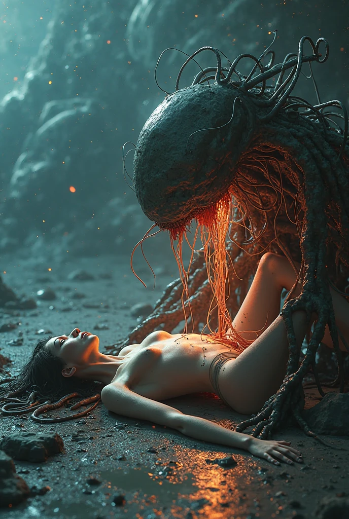 Titan Camerawoman, naked on the ground with an astro core Infector in her ass it - SeaArt AI